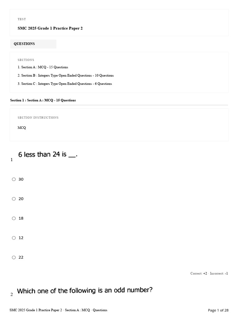 SMC Grade 1 Practice Paper 2 | PDF | Multiple Choice | Standardized Tests