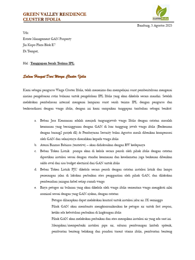 Tanggapan Warga Cluster Ifolia IPL | PDF