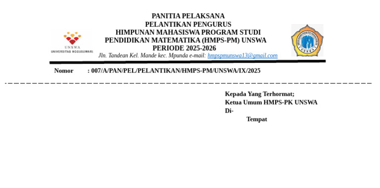 Pelantikan Pengurus HMPS-PM UNSWA 2025-2026 | PDF