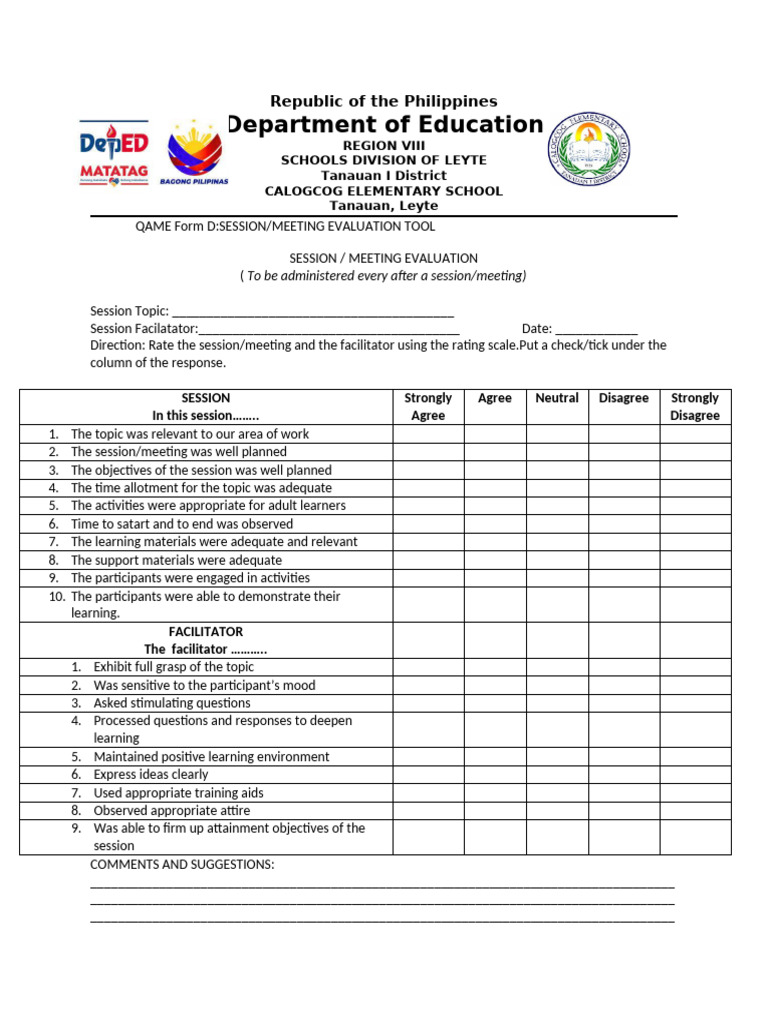 Qame Session D Session Meeting Evaluation Tool | PDF | Learning | Chess Theory