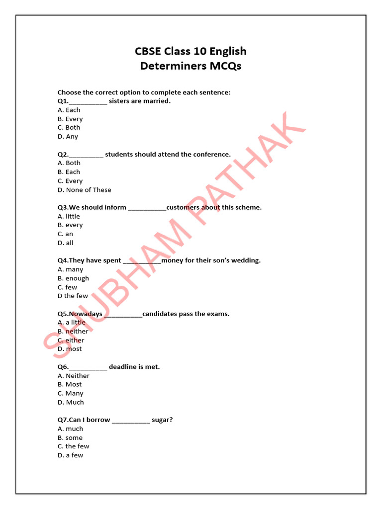 Class 10 Determiners MCQs Practice | PDF