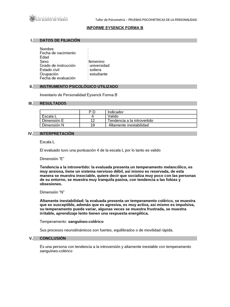 Informe Eysenck Forma B. de Evaluada | PDF