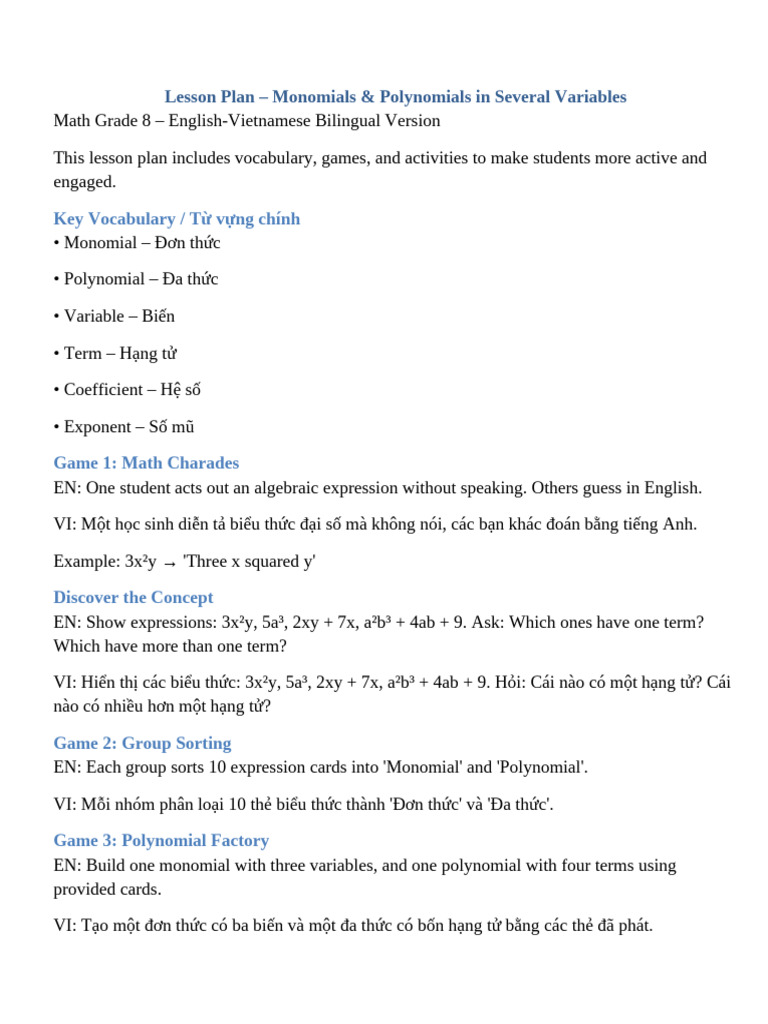 Monomials Polynomials Lesson | PDF