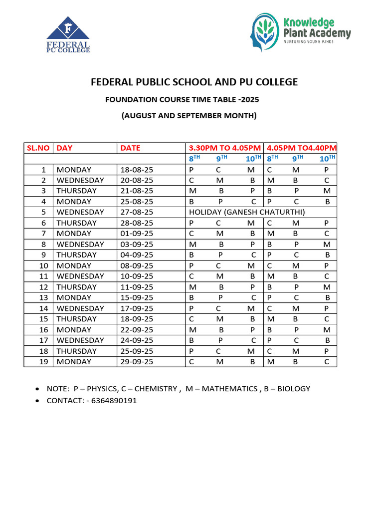 Federal School Course Timetable 2025 | PDF