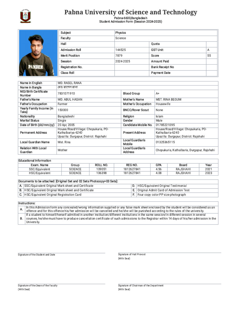 Student Admission Form | PDF | Bangladesh