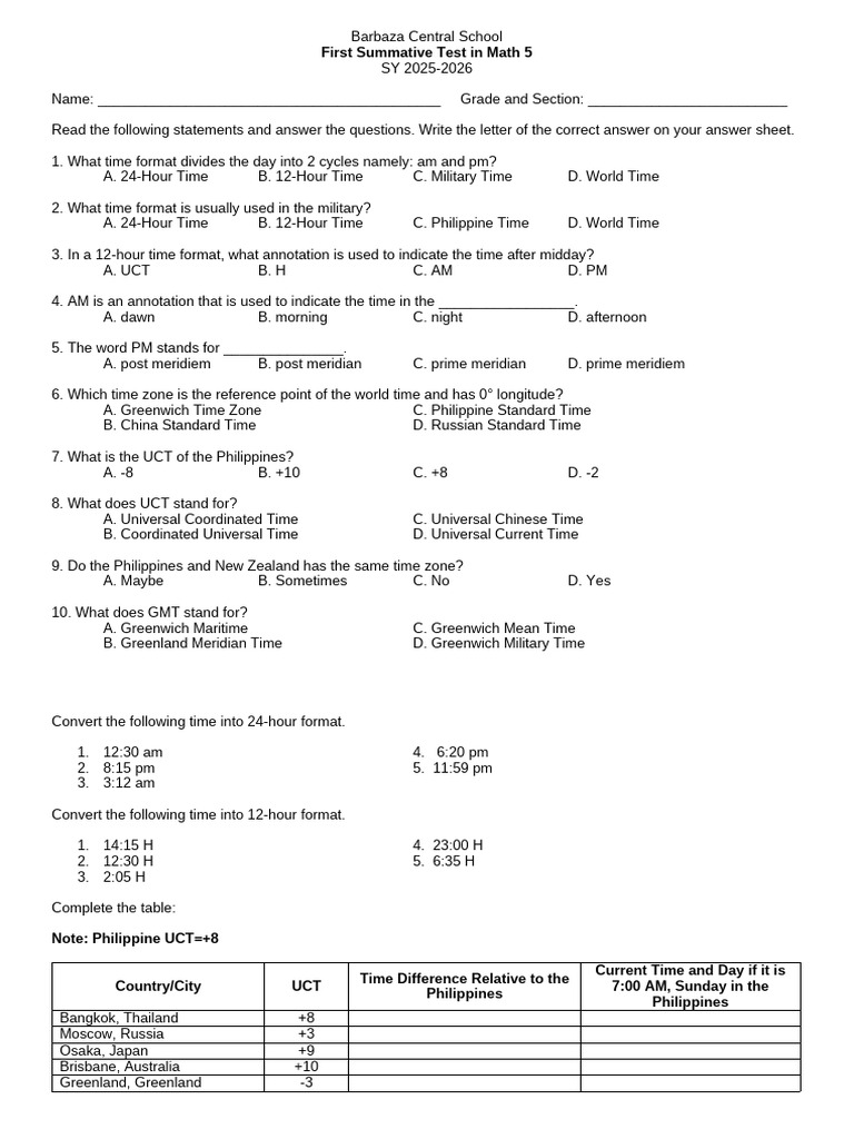 Math 5 Summative Test on Time Formats | PDF | Greenwich Mean Time ...