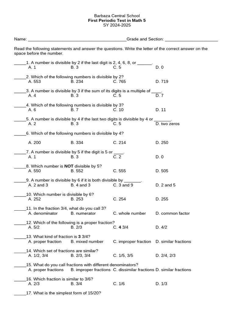 First Periodic Test Math 5 2024-2025 | PDF | Discrete Mathematics | Algebra