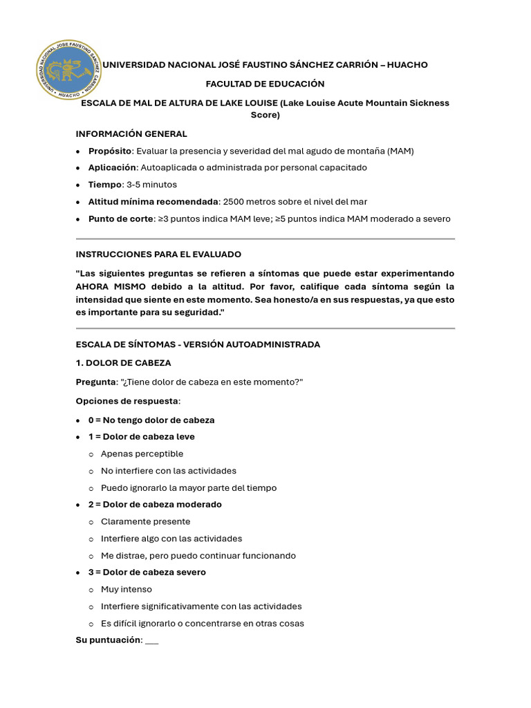Escala de Mal de Altura Lake Louise | PDF | Dormir | Vértigo