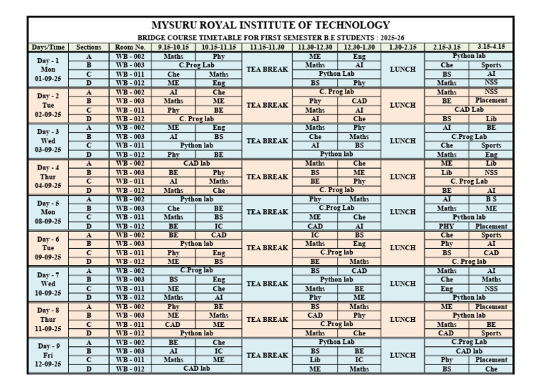 B.E. First Semester Bridge Course Timetable | PDF