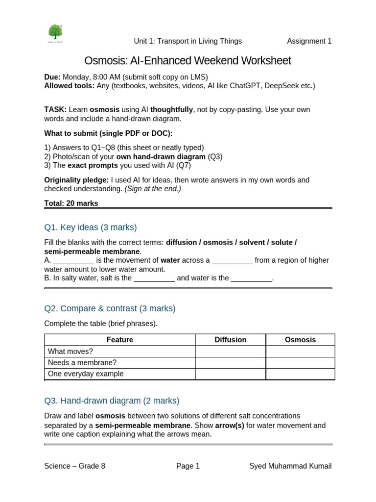 HA 2025 G8 T1A1 Osmosis+-+Home+Assignment | PDF | Osmosis | Cognitive ...