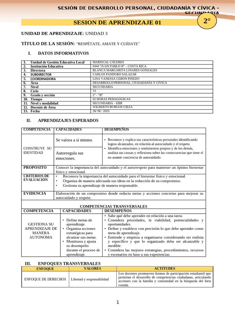 2° Grado B - UNID 3 DPCC - Sesión 01 - Respétate, ámate y cuídate | PDF | Aprendizaje | Las ...