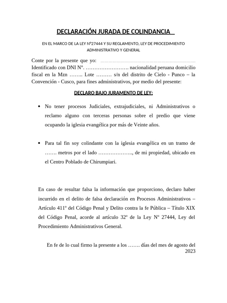Declaración Jurada de Colindancia Perú | PDF