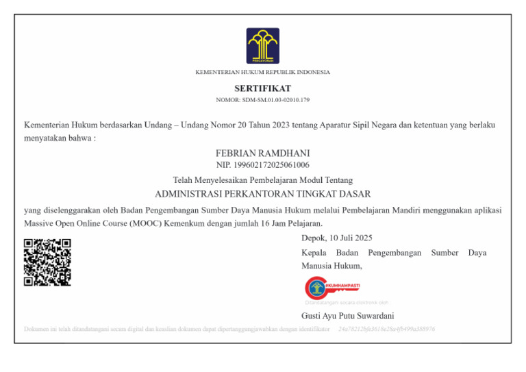 Sertifikat Febrian Ramdhani - MOOC Administrasi Perkantoran Tingkat Dasar | PDF