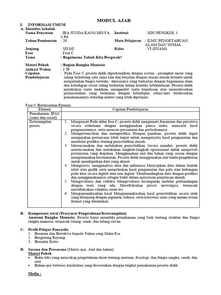 Modul Ajar Kelas 6 Ipas Rangka Manusia PMM | PDF