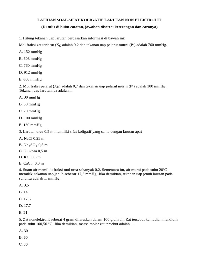 Aa. Latihan Soal Sifat Koligatif Larutan Non Elektrolit | PDF