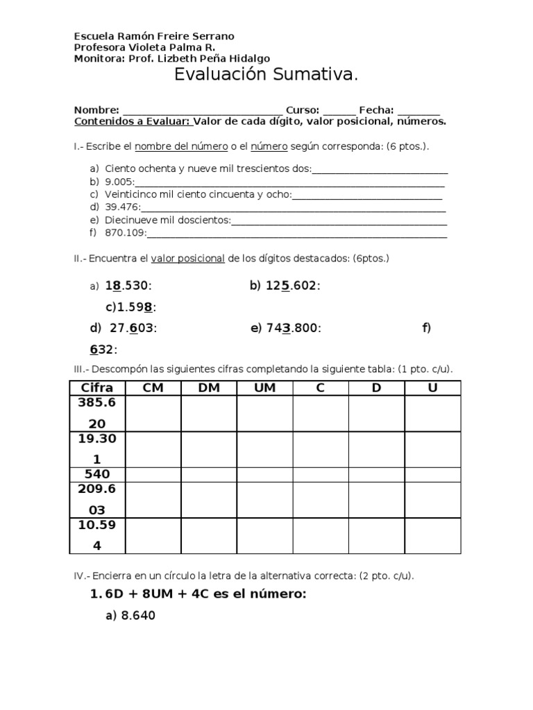 Prueba De Valor Posicional Hojas De Trabajo De Valor Posicional: