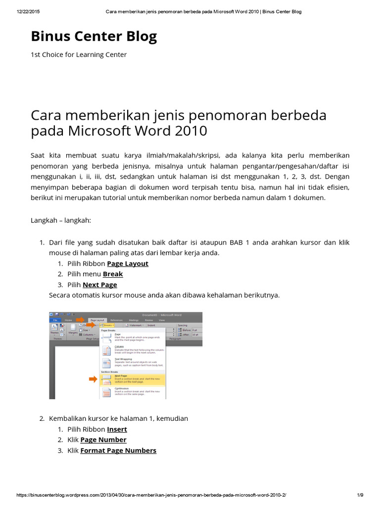 Cara Memberikan Jenis Penomoran Berbeda Pada Microsoft Word 2010 ...