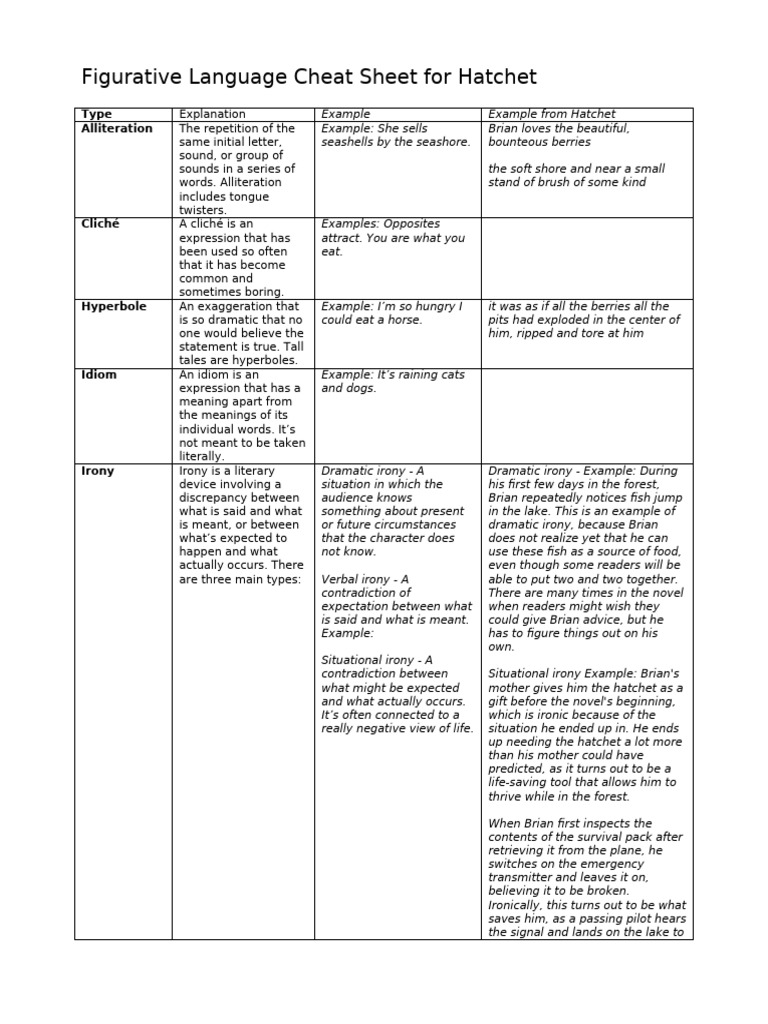 Figurative Language in Hatchet Cheat Sheet | PDF | Irony