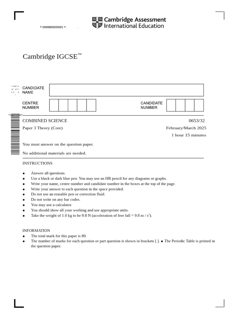 Cambridge IGCSE: 0653/32 Combined Science | PDF | Electromagnetic ...
