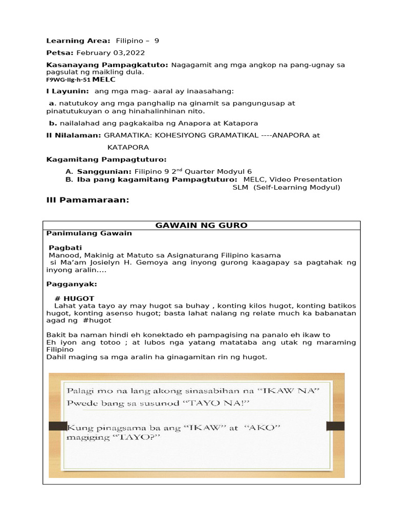 Detalyadong Banghay Aralin Sa Filipino 9 2nd COT | PDF