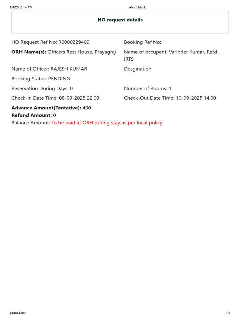 Pending Booking for Officers Rest House | PDF