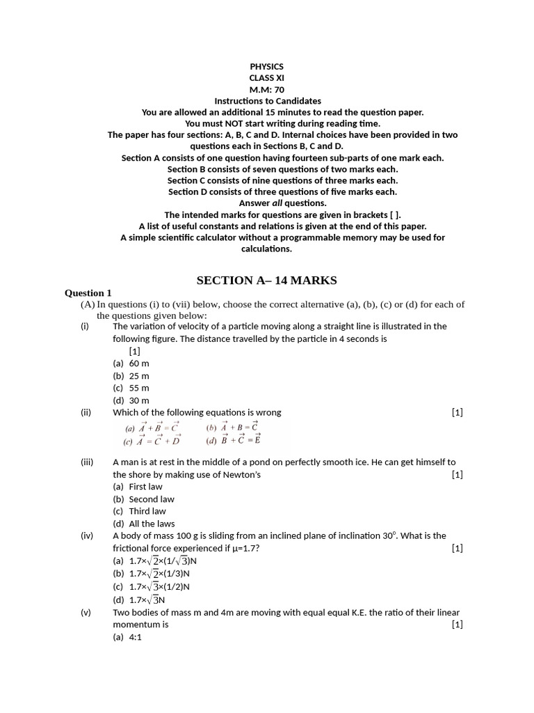 PHYSICS QN Paper Xi Half Yearly Sep 24 | PDF | Force | Newton's Law Of ...