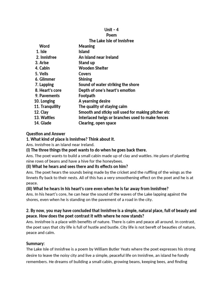 Yeats' Innisfree: Yearning for Peace | PDF | Poetry