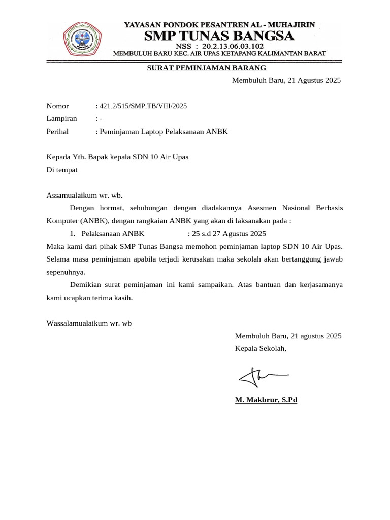Surat Peminjaman Laptop ANBK 2025 | PDF