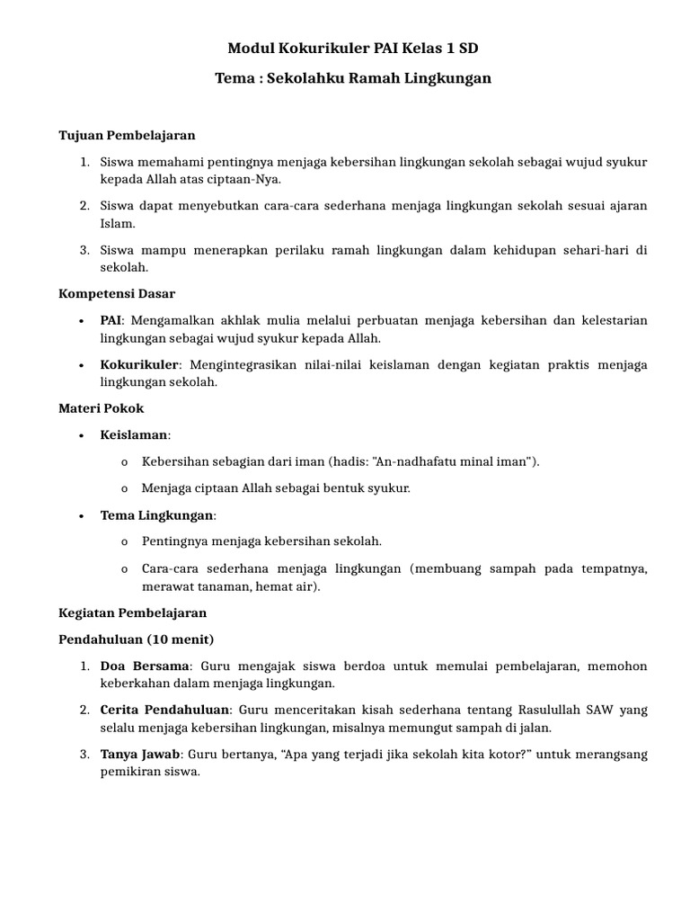 Modul PAI Kelas 1: Kebersihan Lingkungan | PDF