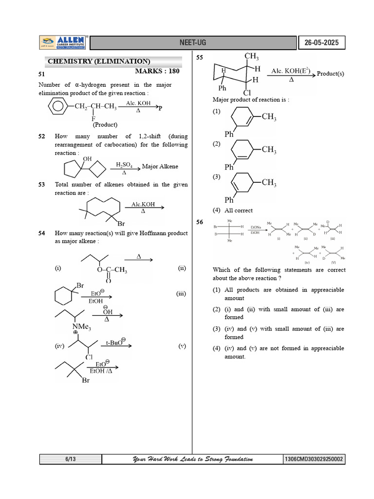 Elimination Reaction Jee Advance Practice Sheet | PDF | Chemical Reactions | Alkene
