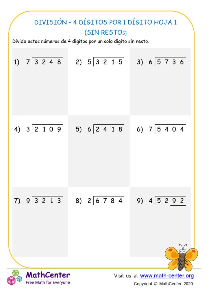 Division 4 Digits by 1 Digit 1 Questions | PDF