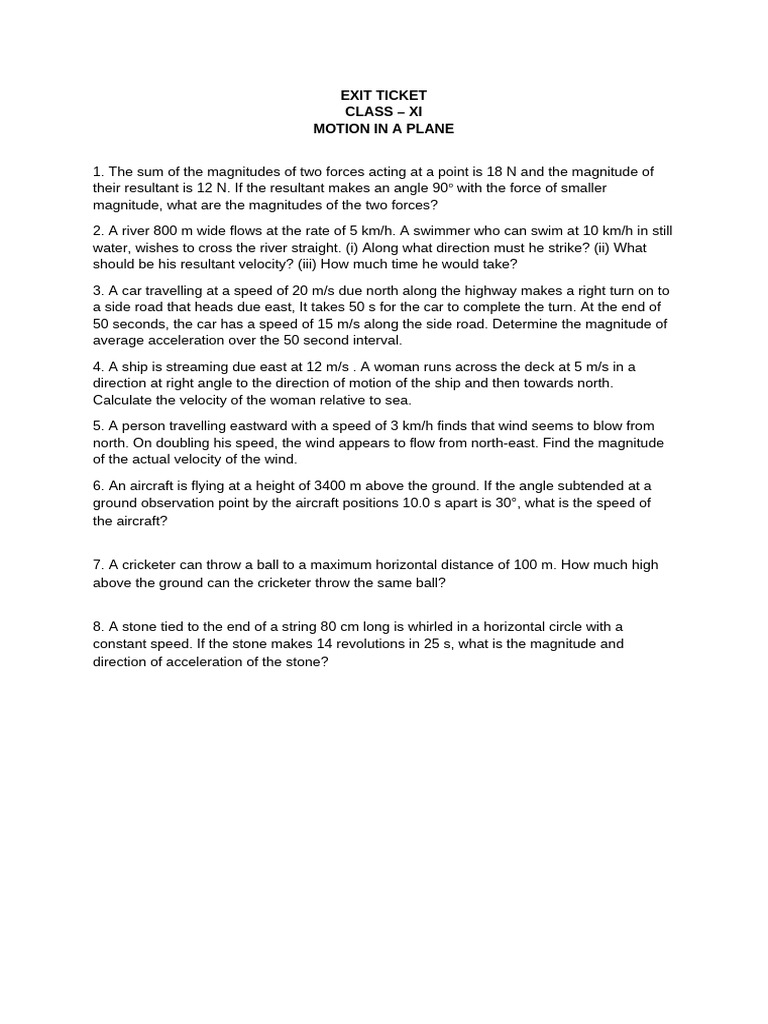 Exit Ticket Motion in A Planes PHYSICS XI 11-08-2025 | PDF