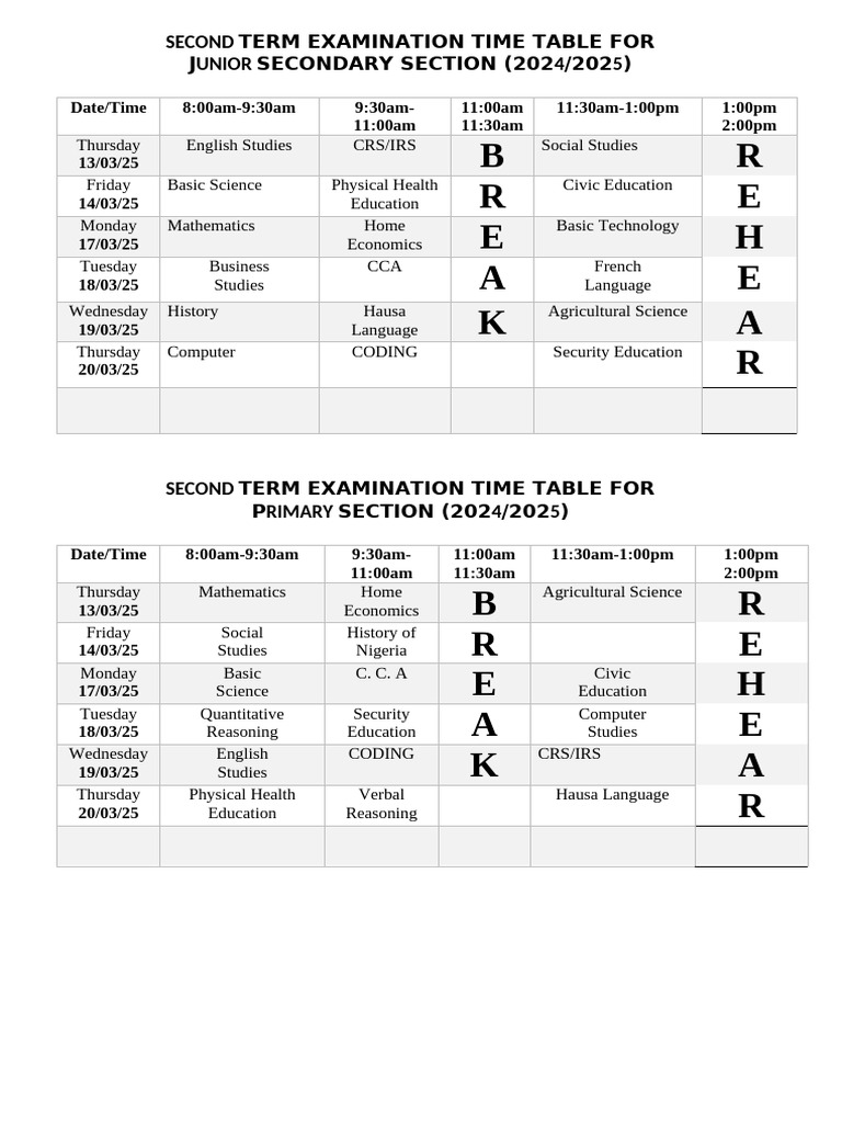 Second Term Examination Timetable | PDF | Science