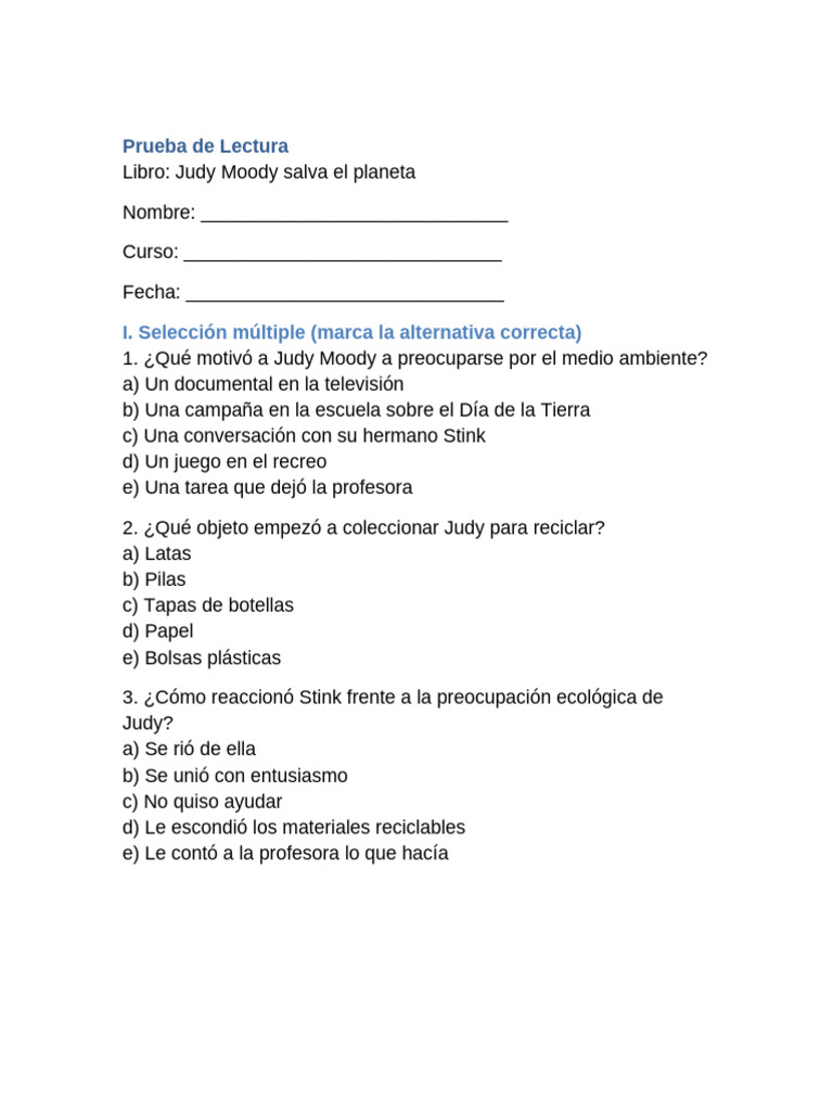 Actividades de Lectura: Judy Moody Ecológica | PDF