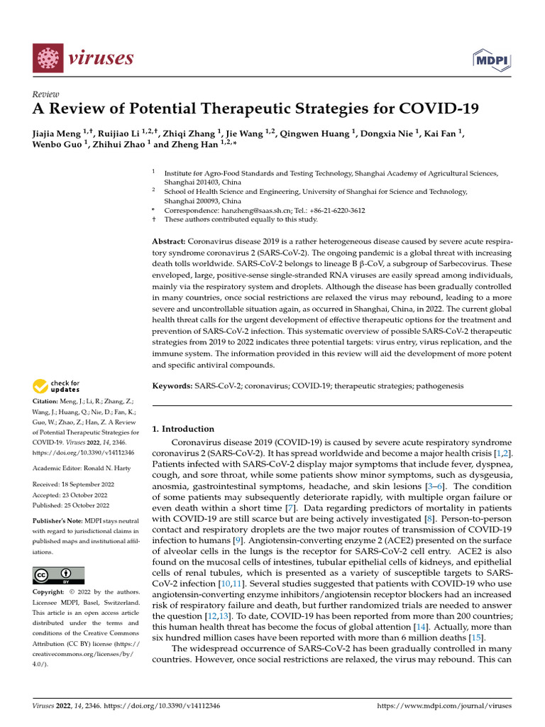Viruses 2022 - A Review of Potential Therapeutic Strategies For COVID ...