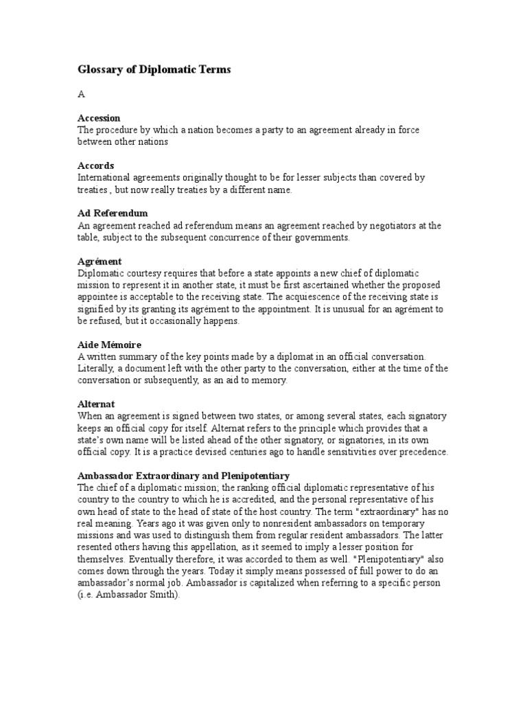 Glossary of Diplomatic Terms | PDF | Consul (Representative ...