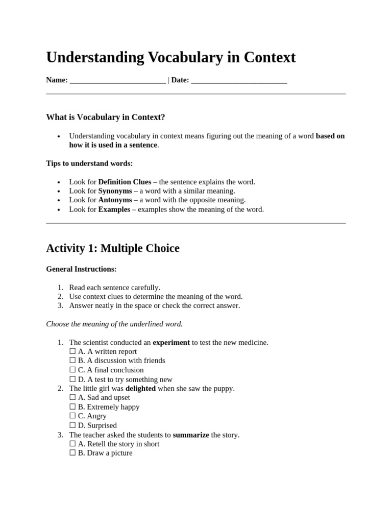 Vocabulary in Context Activities | PDF