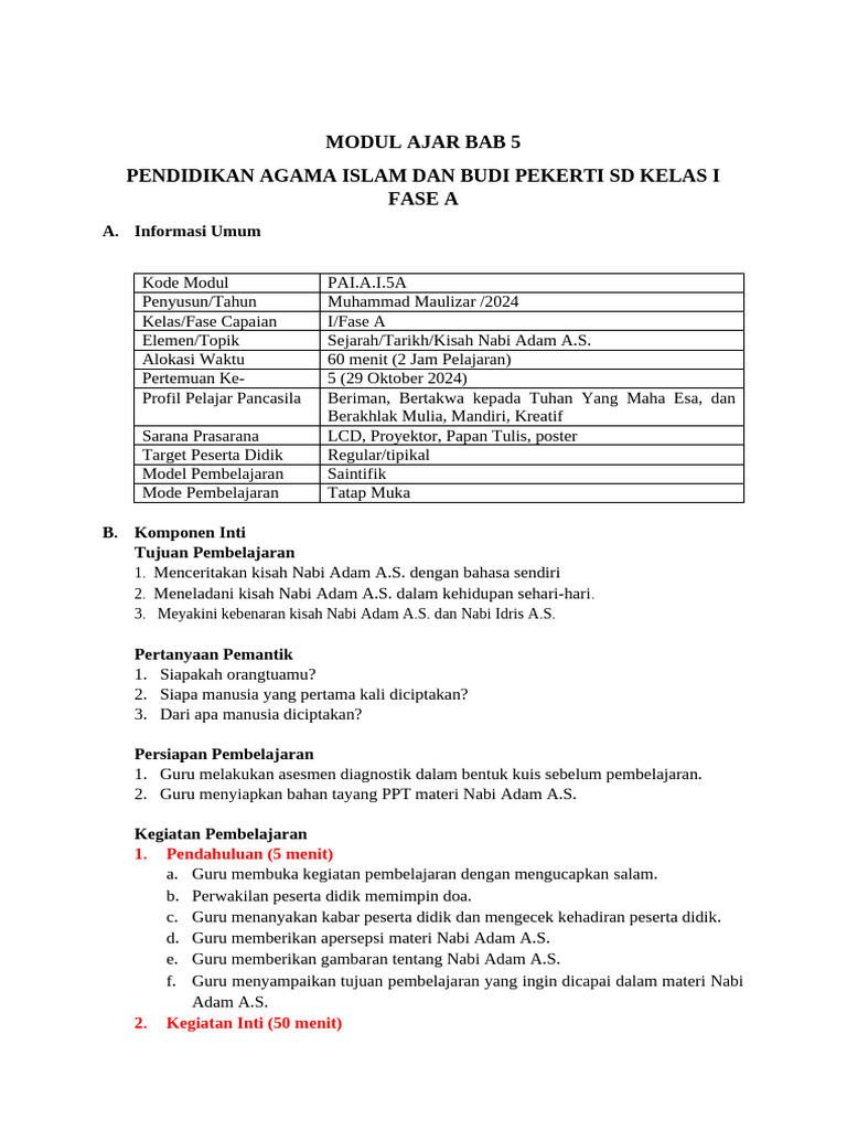 Kisah Nabi Adam dan Idris untuk SD Kelas 1 | PDF