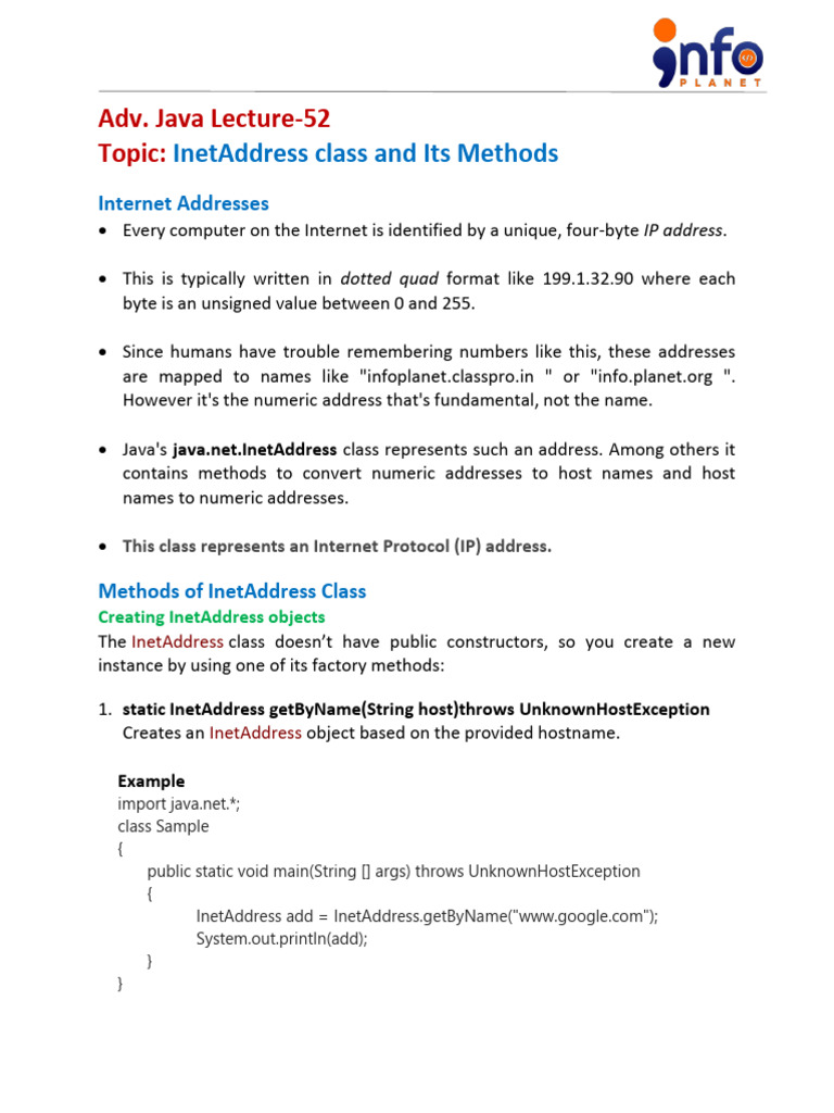 AJ Lec-52 InetAddress Class and Its Methods.47793e4 | PDF | Constructor (Object Oriented ...