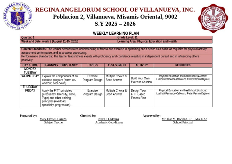 Grade 11 PE Weekly Learning Plan | PDF