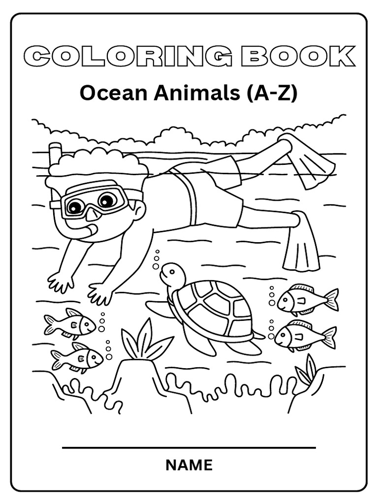 Ocean Animals Alphabet Coloring Book in Black and White Printable Style ...
