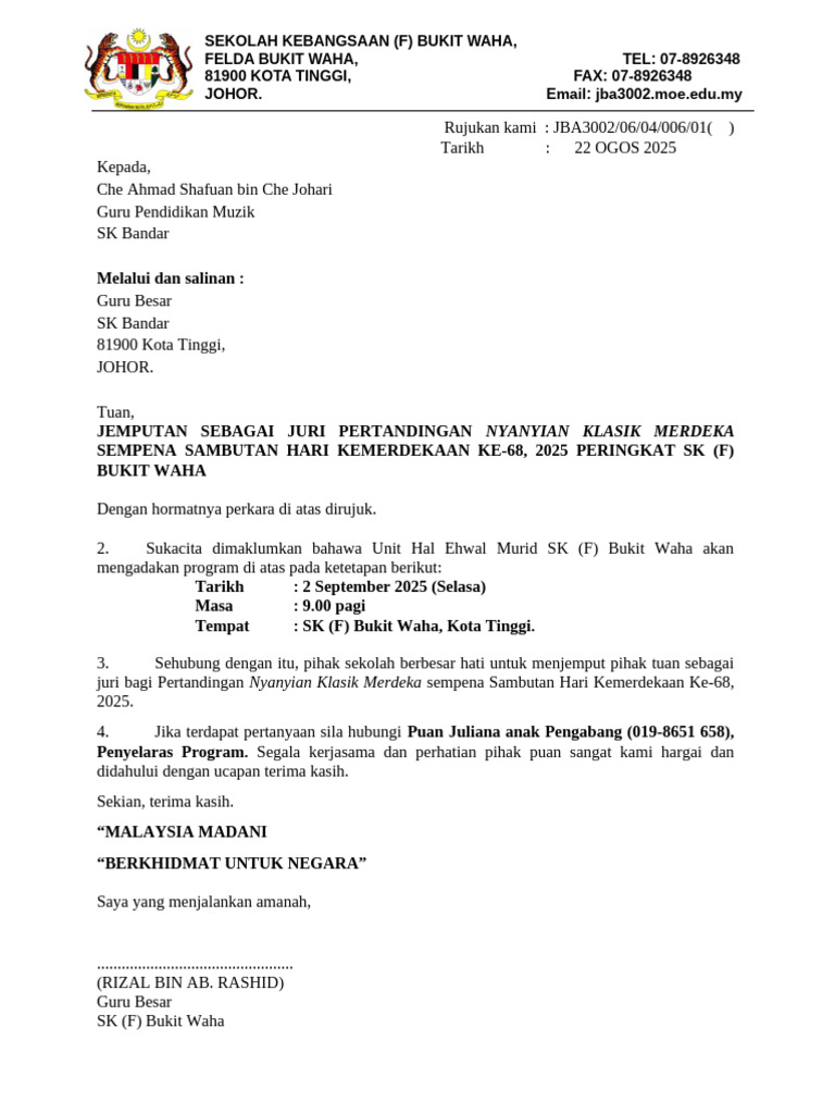 Surat Jemputan Juri Nyanyian Merdeka 2025 | PDF