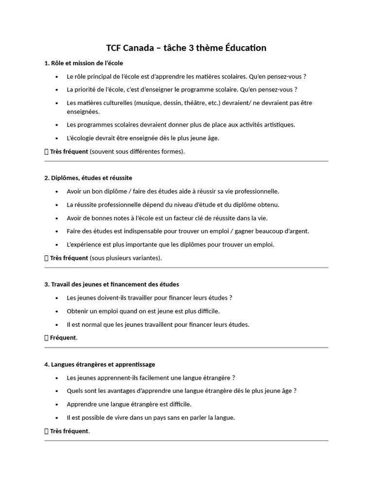 ? Fiche Tâche 3 Expression Orale Du TCF Canada Sujets Thème Éducation ...