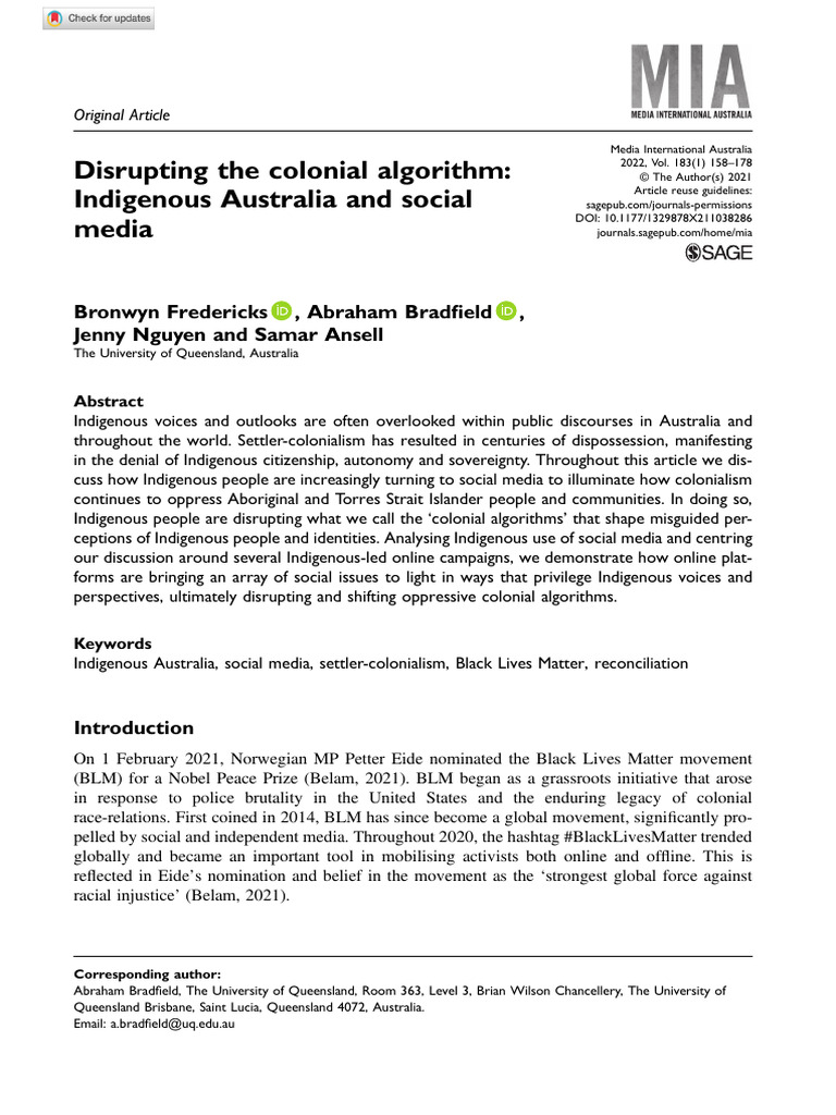 Fredericks Et Al 2021 Disrupting The Colonial Algorithm Indigenous ...