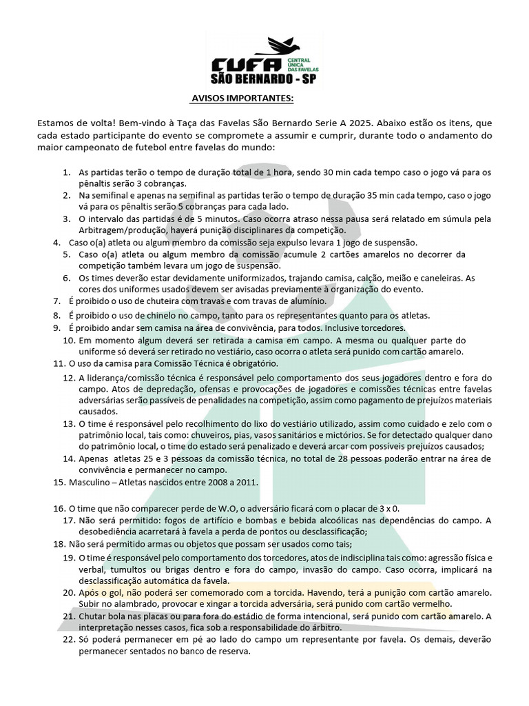 Regras da Taça das Favelas 2025 | PDF