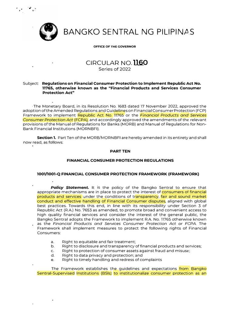 BSP Circular 1160: Consumer Protection Rules | PDF | Contractual Term ...