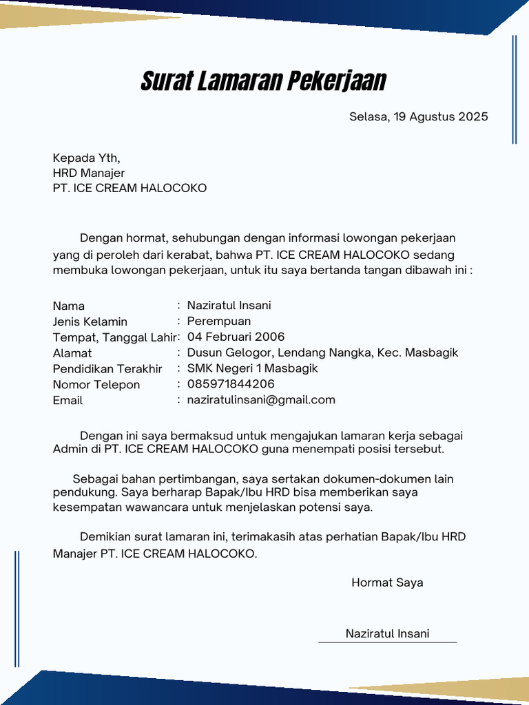 Surat Lamaran Kerja Admin Halocoko | PDF