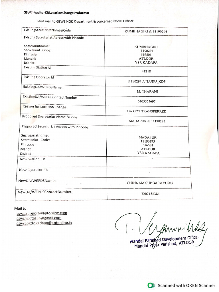 Aadhar Kit Location Change Proforma - Atloor Mandal | PDF