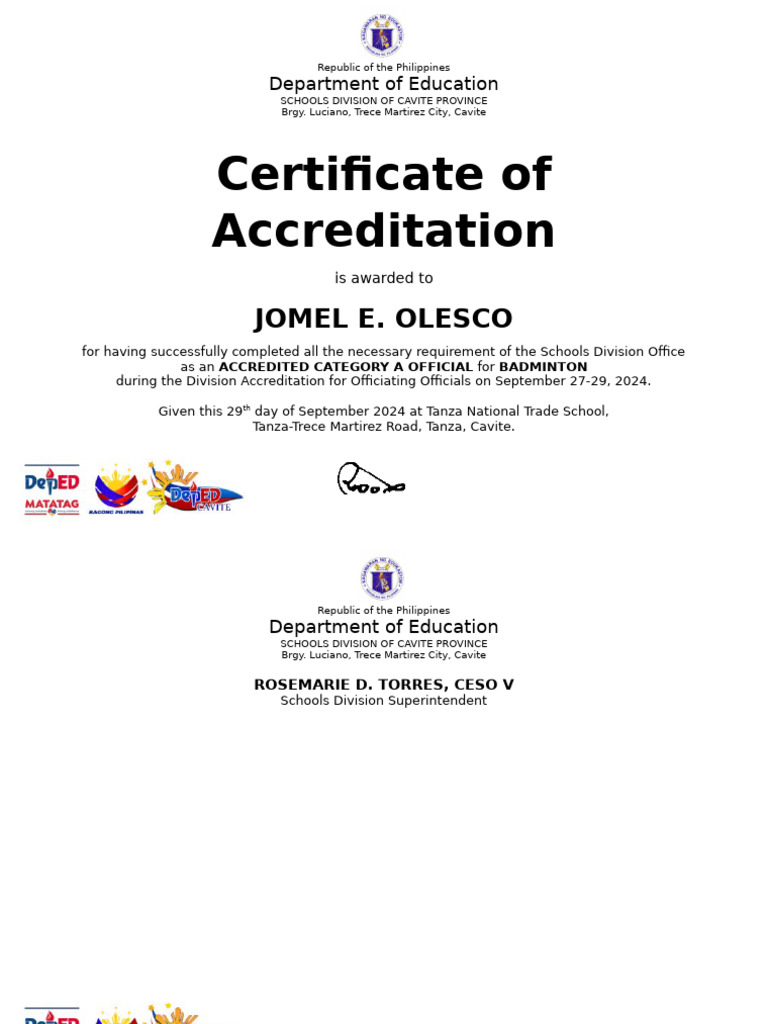 Accreditation Certificate for Jomel Olesco | PDF
