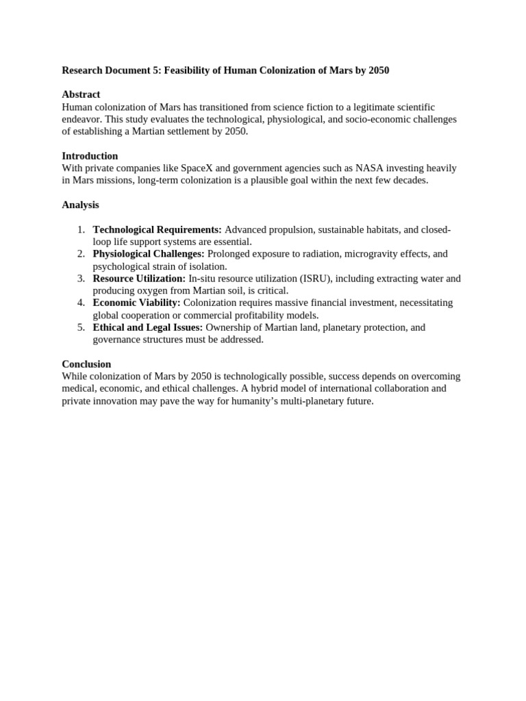 Mars Colonization Feasibility by 2050 | PDF